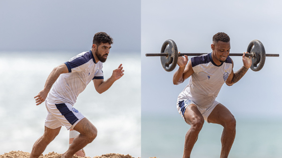 FOTOS: elenco do CSA treina na praia de Jatiúca de olho em duelo com o ASA